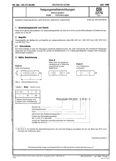 DIN 2276-1:1986 DE - Neigungsmeßeinrichtungen; Röhrenlibellen; Maße ...
