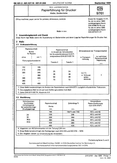 DIN 9761:1986 DE - Büro- und Datentechnik; Papierführung für Drucker ...