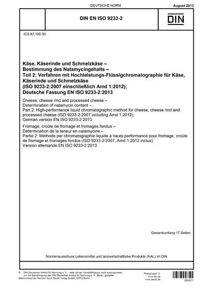 DIN EN ISO 9233-2:2013 DE - Käse, Käserinde und Schmelzkäse ...
