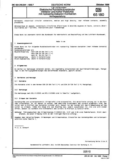 DIN 65180:1986 DE - Luft- und Raumfahrt; Elektrische Rundsteckverbinder ...