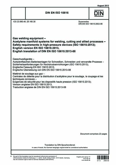 DIN EN ISO 15615:2013 - Gas welding equipment - Acetylene manifold ...