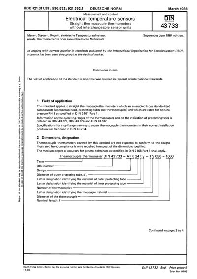 DIN 43733:1986 - Measurement and control; electrical temperature ...
