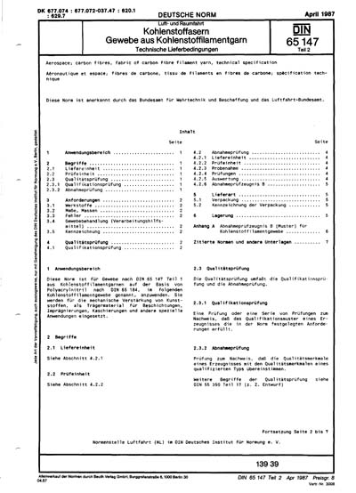 DIN 65147-2:1987 DE - Luft- und Raumfahrt; Kohlenstoffasern; Gewebe aus ...