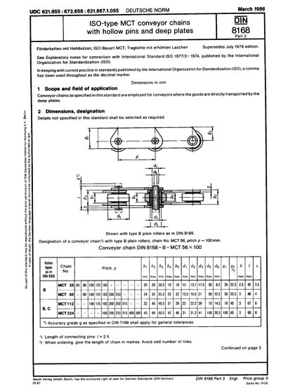 DIN 8168-3:1986 - ISO-type MCT conveyor chains with hollow pins and ...