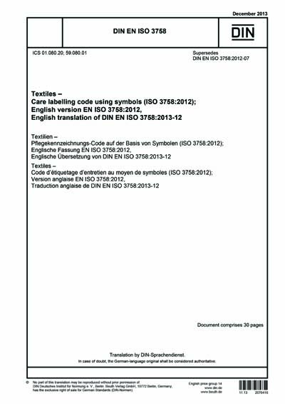 DIN EN ISO 3758:2013 - Textiles - Care labelling code using symbols ...