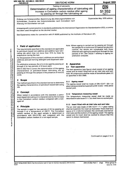 DIN 51352-1:1985 - Testing of lubricants; determination of ageing ...