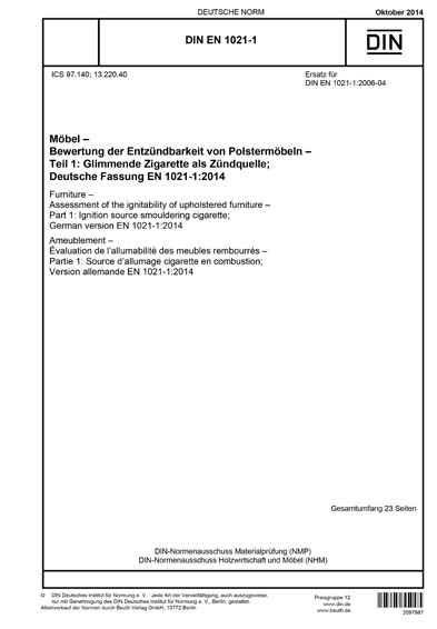 DIN EN 1021-1:2014 DE - Möbel - Bewertung der Entzündbarkeit von ...