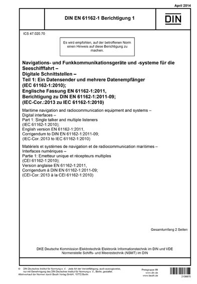 DIN EN 61162-1 Berichtigung 1:2014 - Maritime navigation and ...