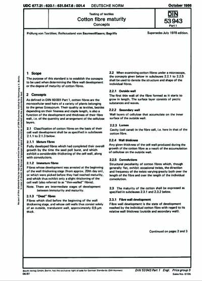 DIN 53943-1:1986 - Testing of textiles; cotton fibre maturity; concepts