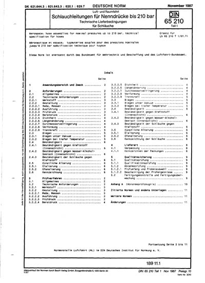 DIN 65210-1:1987 DE - Luft- und Raumfahrt; Schlauchleitungen für ...