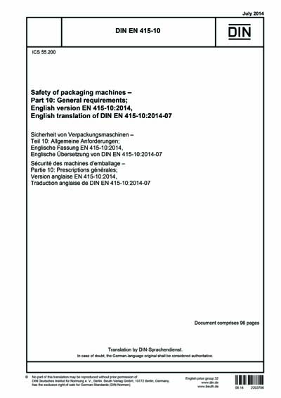 DIN EN 415-10:2014 - Safety of packaging machines - Part 10: General ...