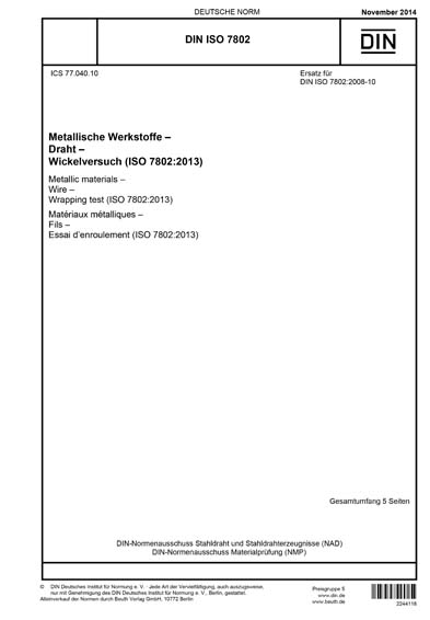 DIN ISO 7802:2014 DE - Metallische Werkstoffe - Draht - Wickelversuch ...