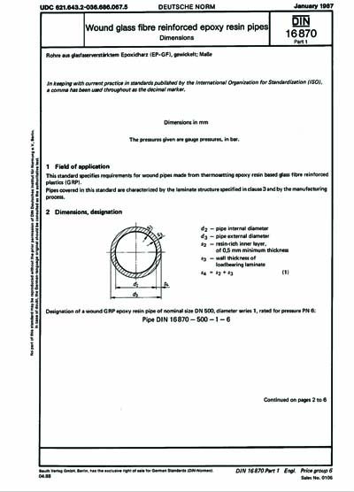 DIN 16870-1:1987 - Wound glass fibre reinforced epoxy resin pipes ...