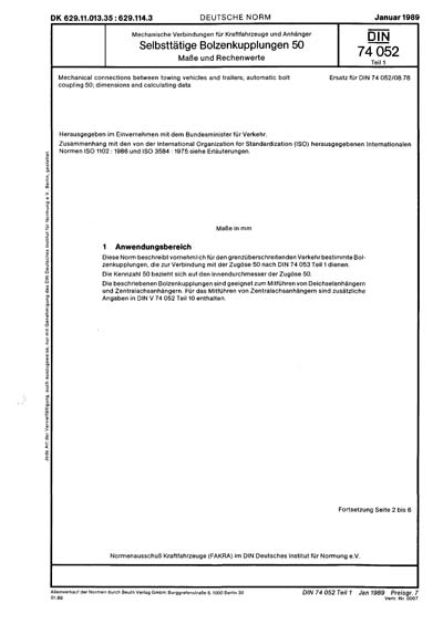 DIN 74052-1:1989 DE - Mechanische Verbindungen für Kraftfahrzeuge und ...