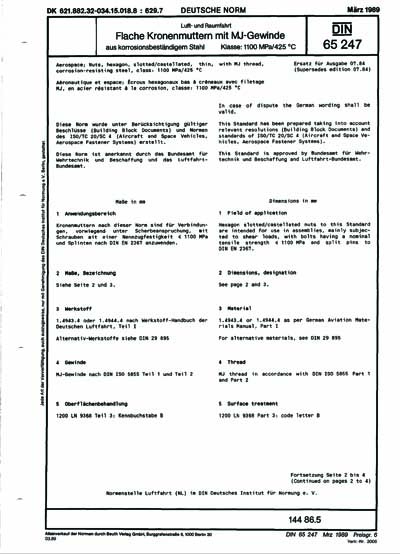 DIN 65247:1989 - Aerospace; nuts, hexagon, slotted/castellated, thin ...