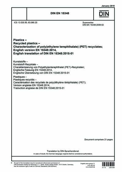 DIN EN 15348:2015 - Plastics - Recycled plastics - Characterization of ...