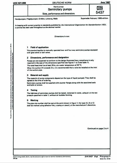 DIN 5437:1987 - Hand pumps; semirotary pumps; sizes, performance and ...