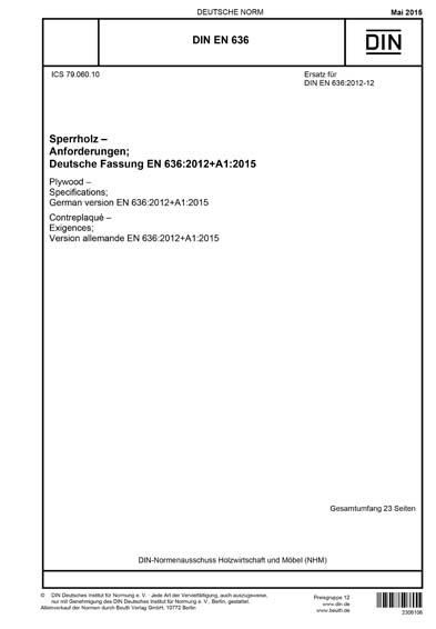 DIN EN 636:2015 DE - Sperrholz - Anforderungen; Deutsche Fassung EN 636 ...
