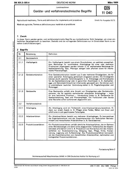 DIN 11040:1989 DE - Landmaschinen; Geräte- und verfahrenstechnische ...