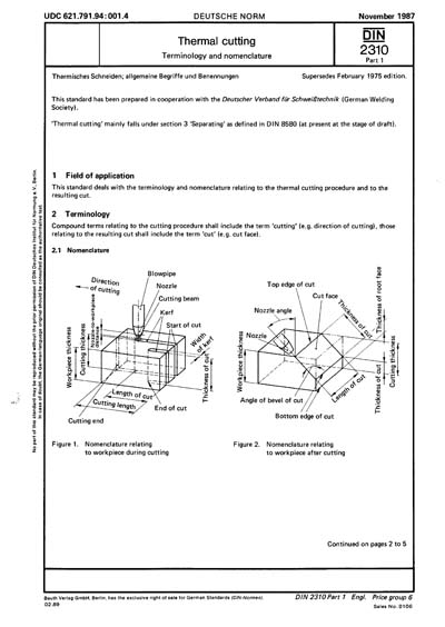 DIN 2310-1 - Thermal cutting; terminology and nomenclature
