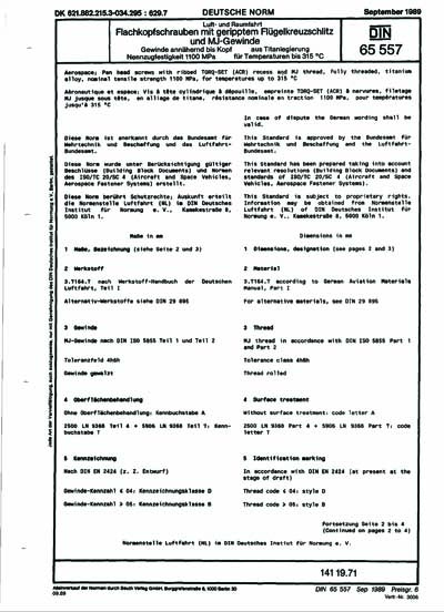 DIN 65557:1989 DE - Luft- und Raumfahrt; Flachkopfschrauben mit ...