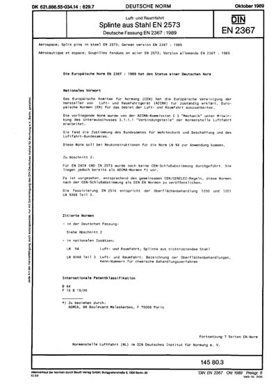 DIN EN 2367:1989 DE - Luft- und Raumfahrt; Splinte aus Stahl EN 2573 ...