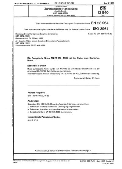 DIN 13940-1:1990 DE - Zahnheilkunde; Zahnärztliche Handstücke ...