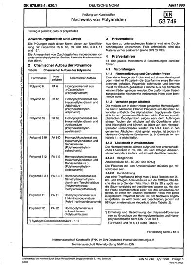 DIN 53746:1990 DE - Prüfung von Kunststoffen; Nachweis von Polyamiden ...