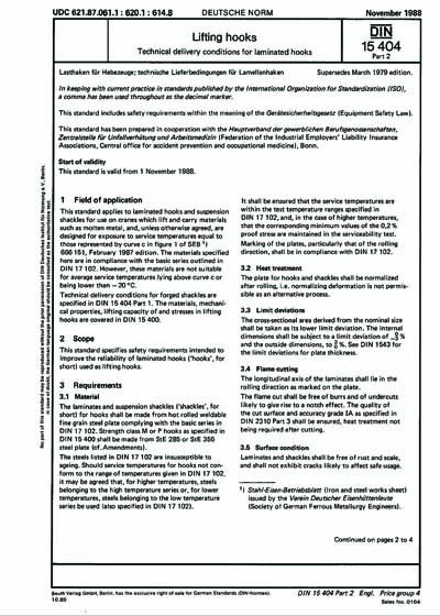 DIN 15404-2:1988 - Lifting hooks; technical delivery conditions for ...