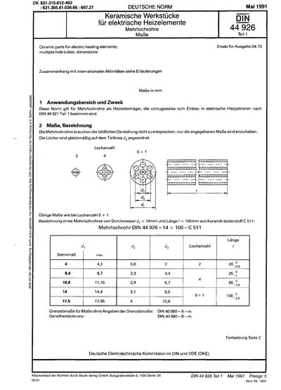DIN 44926-1:1991 DE - Keramische Werkstücke für elektrische ...