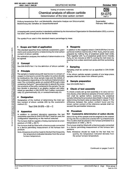 DIN 51075-3:1982 - Testing of ceramic materials; chemical analysis of ...
