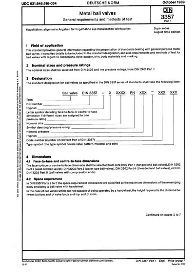DIN 3357-1:1989 - Metal ball valves; general requirements and methods ...