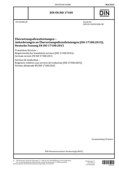 DIN EN ISO 17100:2016 DE - Übersetzungsdienstleistungen - Anforderungen ...