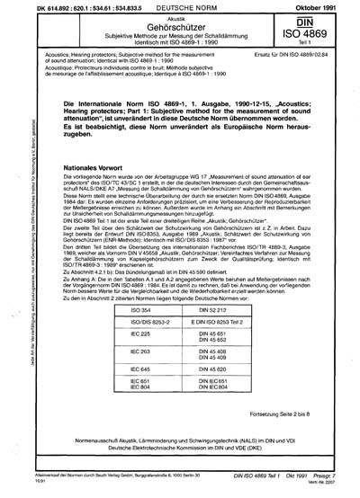 DIN ISO 4869-1:1991 DE - Akustik; Gehörschützer; Subjektive Methode zur ...