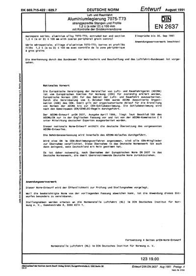 DIN EN 2637:1991 DE - Luft- und Raumfahrt; Aluminiumlegierung 7075-T73 ...