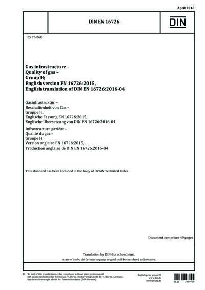 DIN EN 16726:2016 - Gas infrastructure - Quality of gas - Group H ...