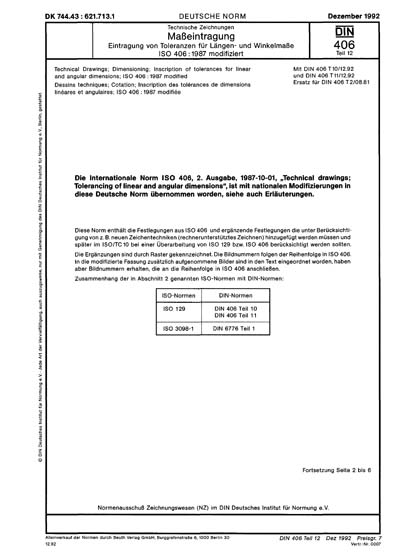 DIN 406-12:1992 DE - Technische Zeichnungen; Maßeintragung; Eintragung ...