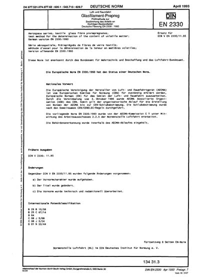 DIN EN 2330:1993 DE - Luft- und Raumfahrt; Glasfilament-Prepreg ...