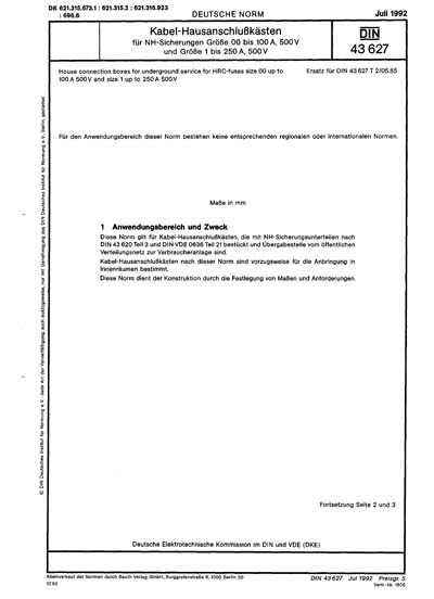 DIN 43627:1992 DE - Kabel-Hausanschlußkästen für NH-Sicherungen Größe ...