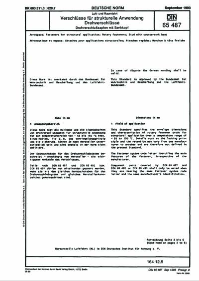 DIN 65487:1993 DE - Luft- und Raumfahrt; Verschlüsse für strukturelle ...