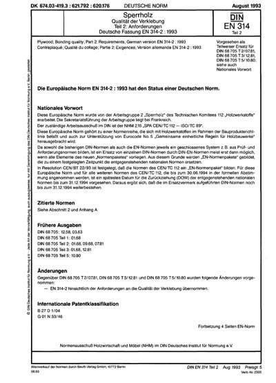 DIN EN 314-2:1993 DE - Sperrholz; Qualität der Verklebung; Teil 2 ...