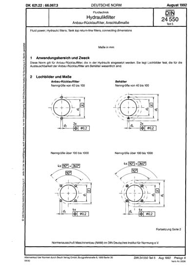 DIN 24550-5:1992 DE - Fluidtechnik; Hydraulikfilter; Anbau ...