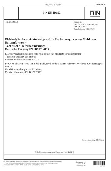 DIN EN 10152:2017 DE - Elektrolytisch verzinkte kaltgewalzte ...