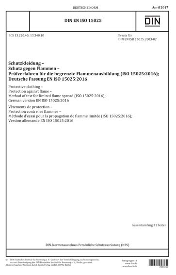 DIN EN ISO 15025:2017 DE - Schutzkleidung - Schutz gegen Flammen ...