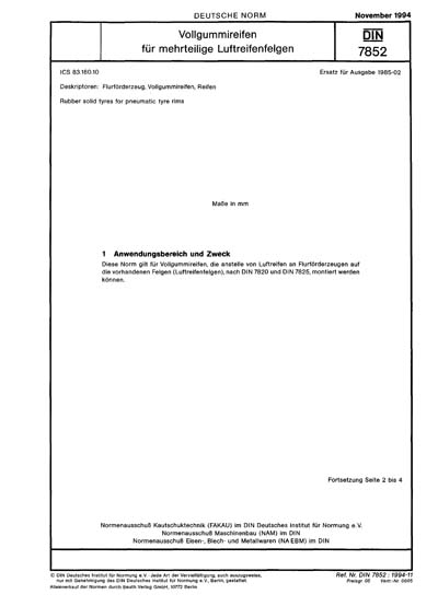 DIN 7852:1994 DE - Vollgummireifen für mehrteilige Luftreifenfelgen