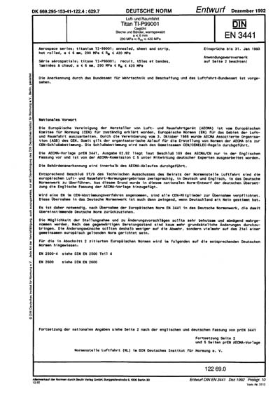 DIN EN 3441:1992 DE - Luft- und Raumfahrt; Titan TI-P99001; Geglüht ...