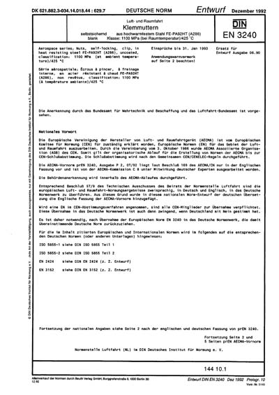 DIN EN 3240:1992 - Aerospace series; nuts, self-locking, clip, in heat ...