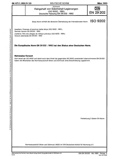 DIN EN 29202:1993 DE - Schmuck; Feingehalt von Edelmetall-Legierungen ...