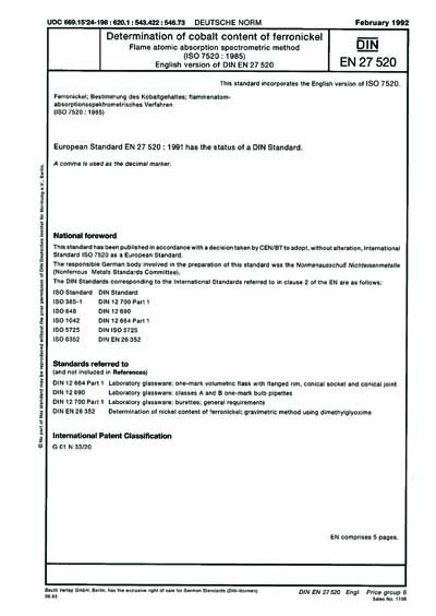 DIN EN 27520:1992 - Ferronickel; determination of cobalt content; flame ...