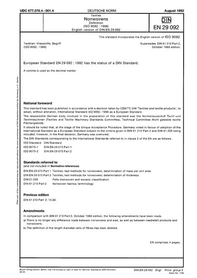 DIN EN 29092:1992 - Textiles; nonwowens; definition (ISO 9092:1988 ...